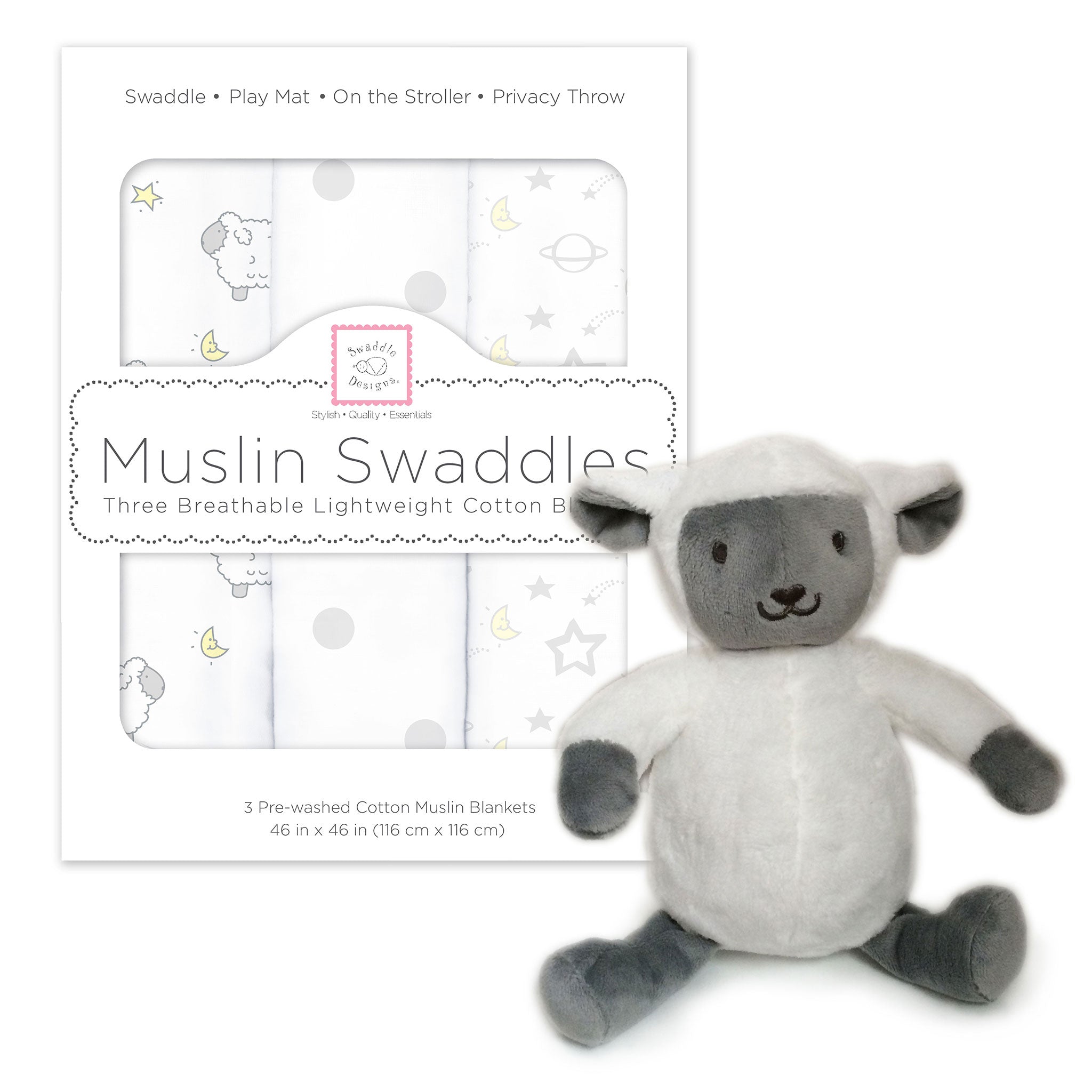 Muslin Swaddle 3-Pack and Plush Toy Set - Little Lambs and Little Lamb ...